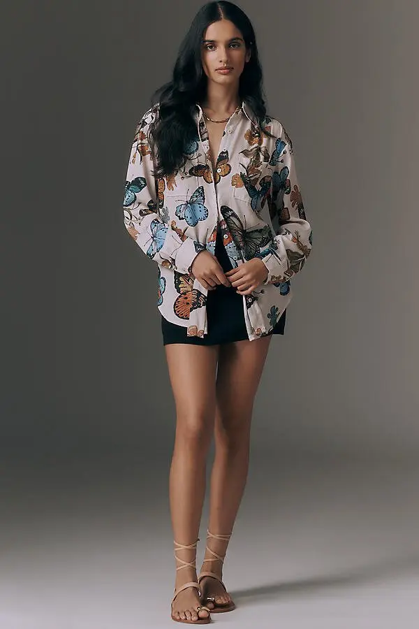Anthropologie Brielle Relaxed Buttondown Blouse - Ivory Pattern