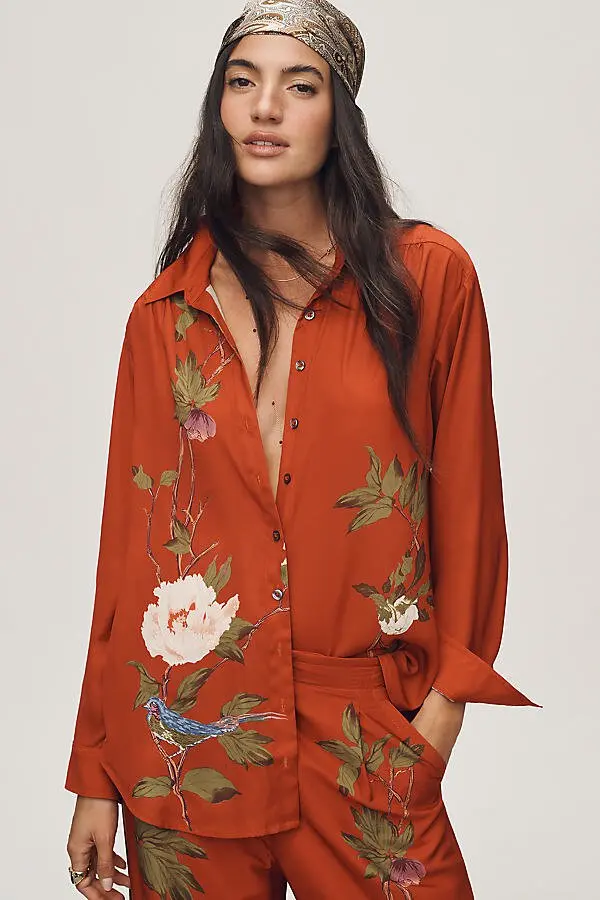 Anthropologie The Brielle Relaxed Buttondown Blouse - Red Floral