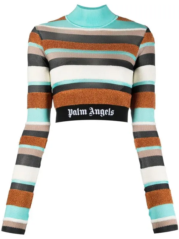 Palm Angels Logo Waistband Striped Turtleneck Top - Blue