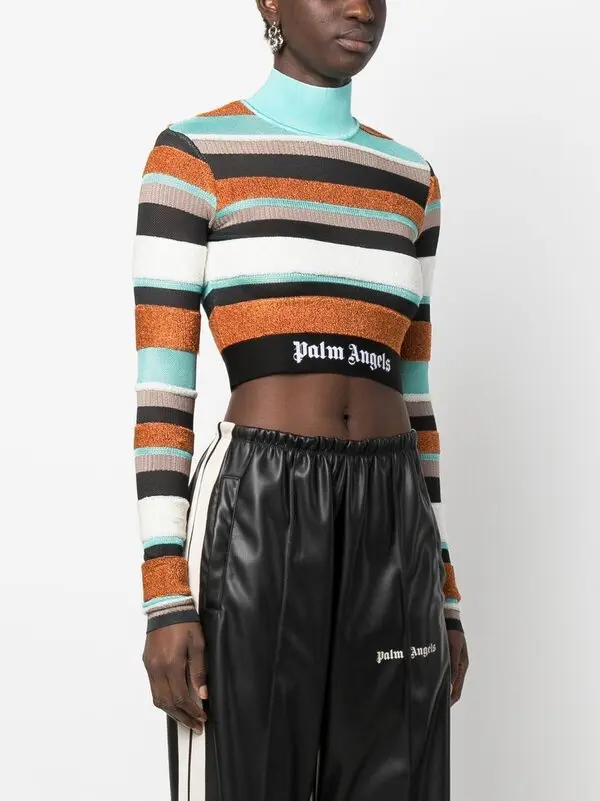 Palm Angels Logo Waistband Striped Turtleneck Top