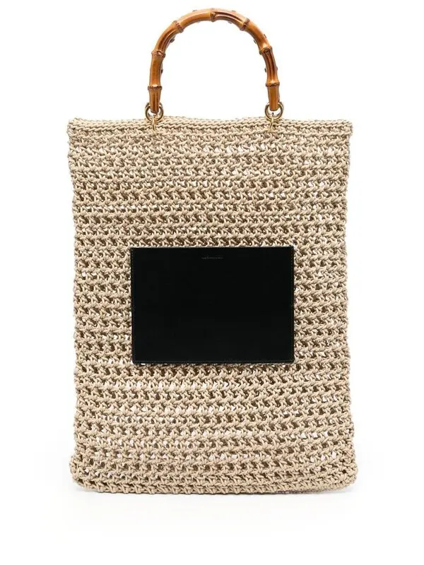 JIL SANDER Woven Raffia Tote Bag With Bamboo Handle