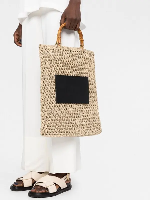 JIL SANDER Woven Raffia Tote Bag With Bamboo Handle