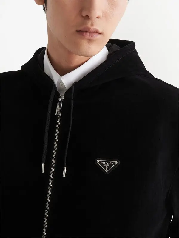 Prada Triangle-Logo Velvet Blouson Jacket - Black | Editorialist