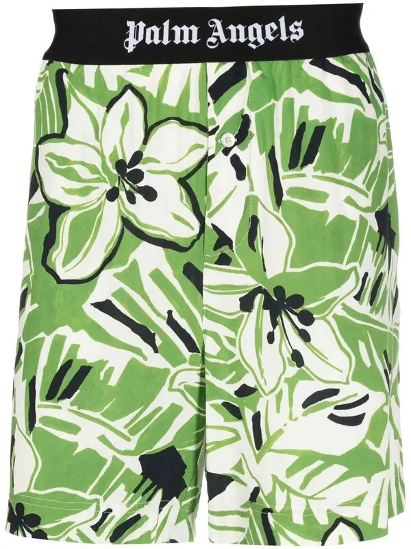 Palm Angels Floral Print Logo Waistband Shorts - Green