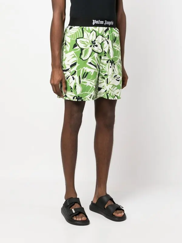 Palm Angels Floral Print Logo Waistband Shorts