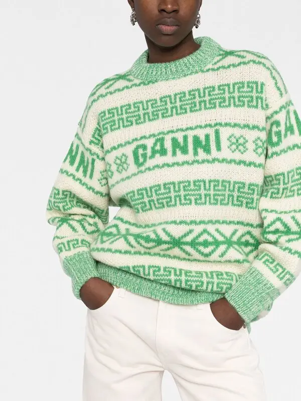 GANNI Organic Wool Intarsia-knit Jumper - Green
