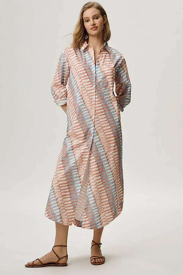 Maeve Soren Long-sleeve Shirt Dress - Blue Pink Geo