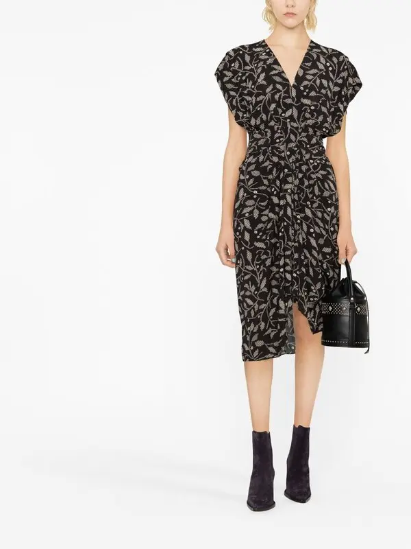 MARANT ETOILE Almeya Leaf Print V-neck Midi Dress