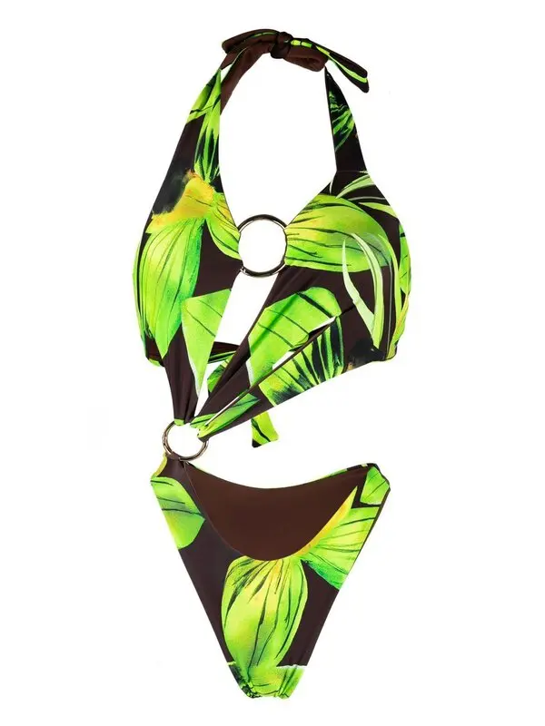 LOUISA BALLOU Leaf-print Halterneck Swimsuit - Green