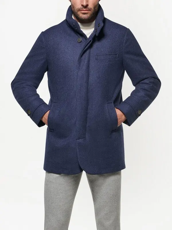 NORWEGIAN WOOL Down-lined Herringbone Coat - Blue