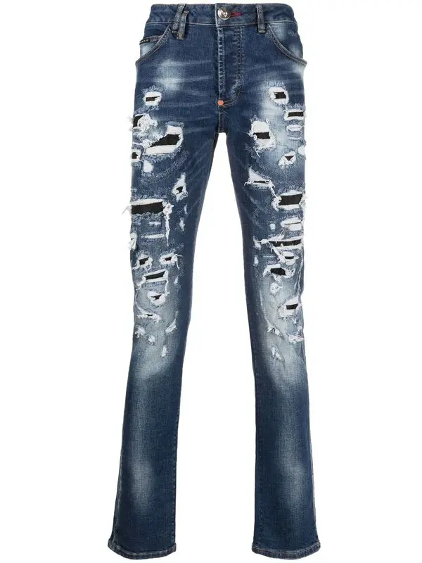Philipp Plein Distressed Straight-leg Jeans - Blue
