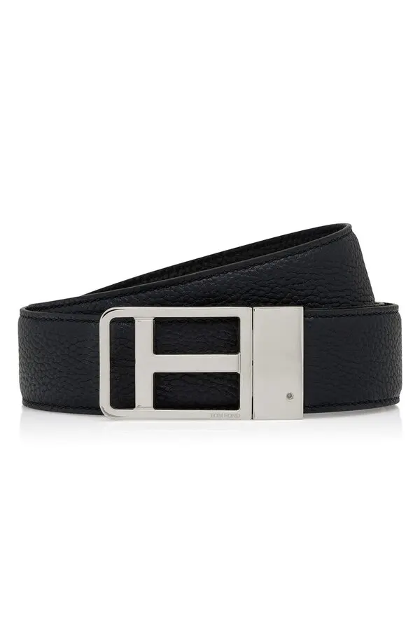 TOM FORD Framed T Buckle Reversible Leather Belt - Dark Navy / Black