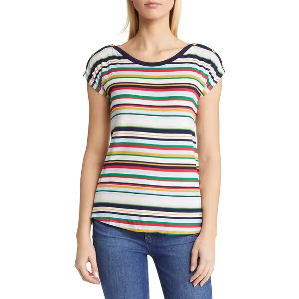 Loveappella Stripe Jersey T-shirt With Shoulder Buttons