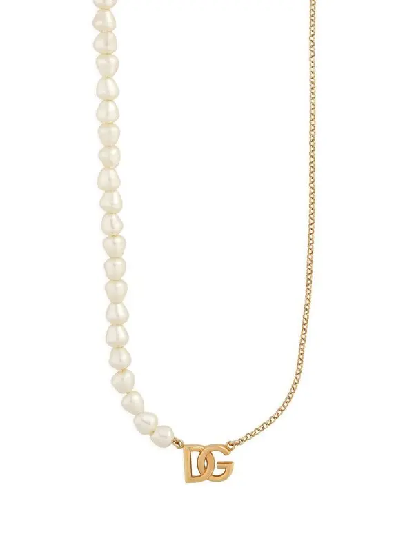 Dolce & Gabbana Dg-logo Faux-pearl Necklace - Gold