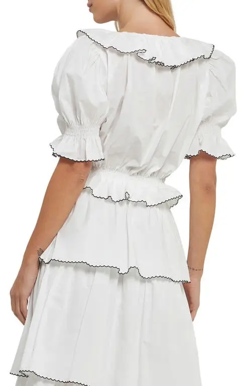 English Factory Picot Stitch Ruffle Poplin Top