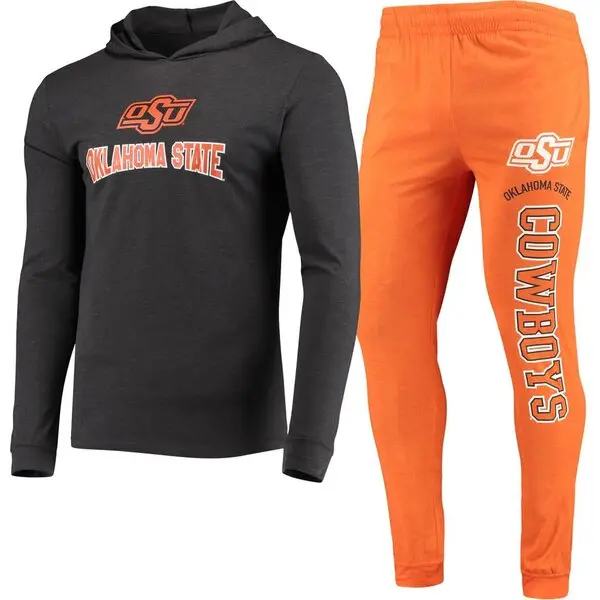 CONCEPTS SPORT Heather Charcoal Oklahoma State Cowboys Meter Long Sleeve Hoodie T-shirt & Jogger Pajama Set - Orange