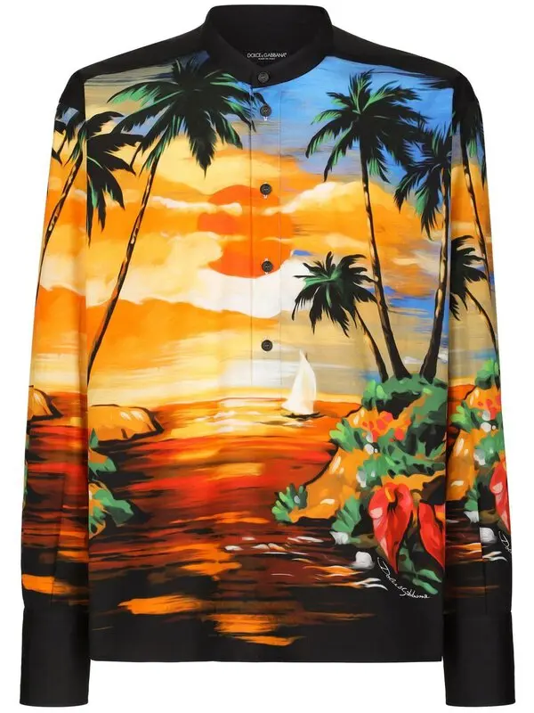 Dolce & Gabbana Sunset-print Collarless Shirt - Black