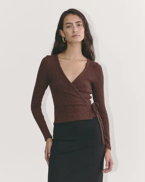 Everlane Cozy Ribbed Wrap Top - Dark Mahogany