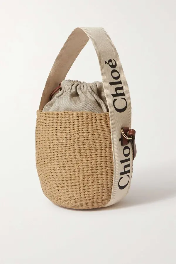 Chloé Woody Small Leather-trimmed Raffia Basket Bag