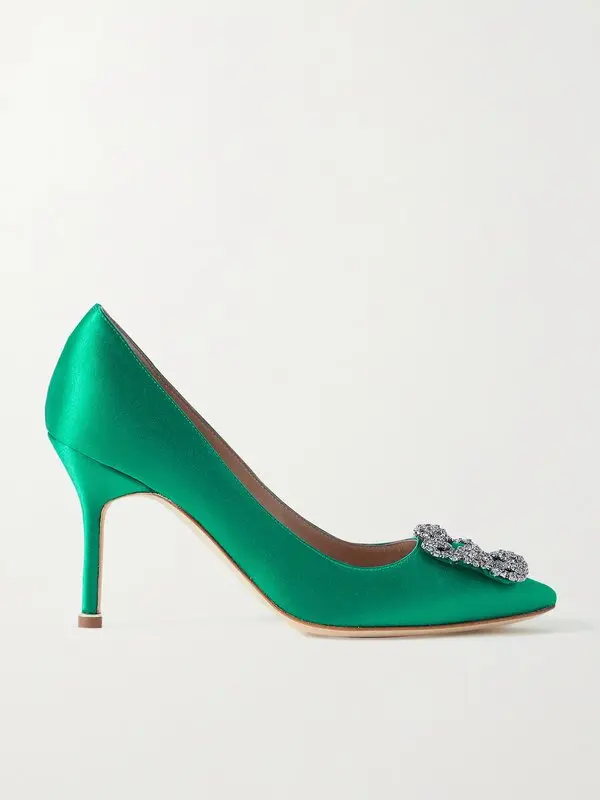 Manolo Blahnik Hangisi 90 Crystal-embellished Satin Pumps - Green