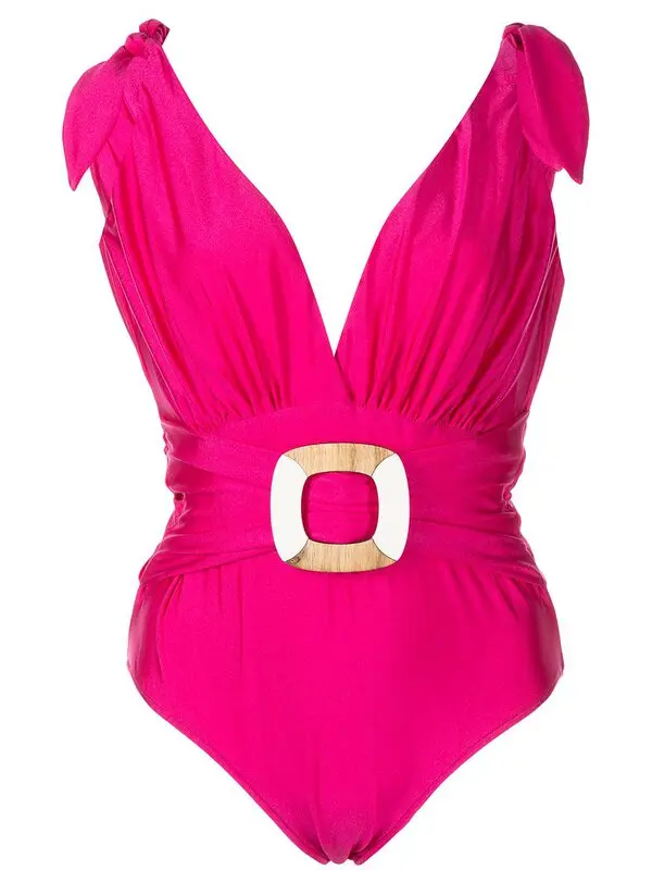 PatBO Belted Plunge-neck Swimsuit - Pink