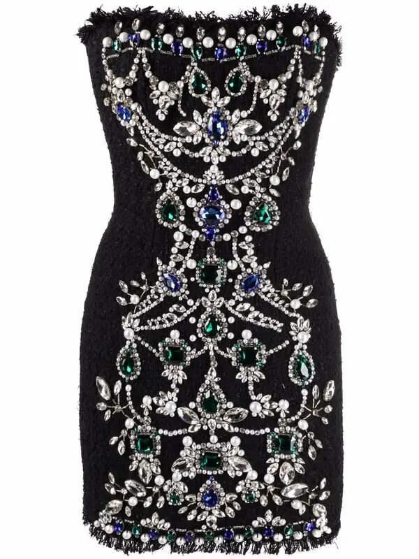 Balmain Jeweled Bustier Tweed Dress