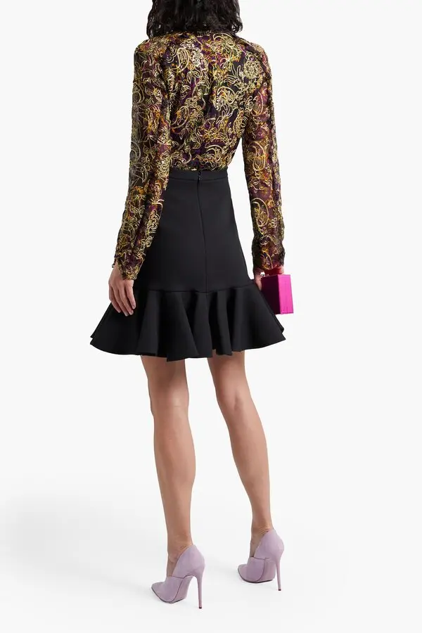 Giambattista Valli Ruffled Metallic Embroidered Printed Silkchiffon Top - Black