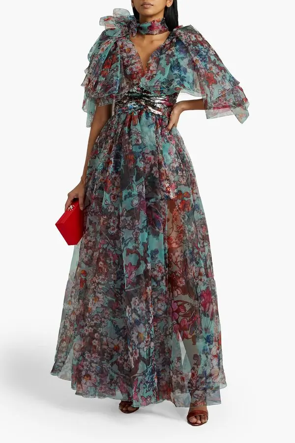 Elie Saab Tie-Neck Sequin-Embellished Floral-Print Organza Maxi Dress Green  Fr 36 In Mint - 70% Off | Editorialist