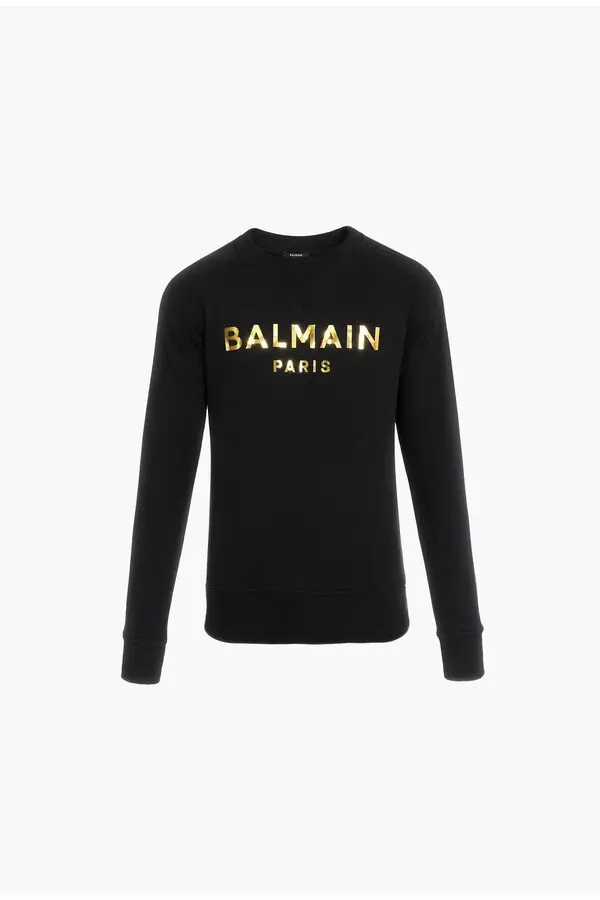Balmain Men Eco-designed Cotton Sweatshirt With Gold Balmain Paris Logo Print