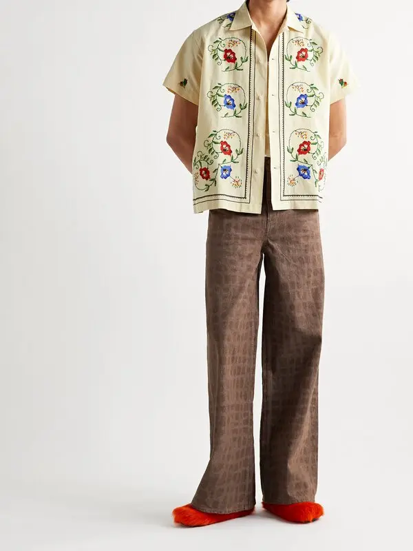 Bode Morning Glory Embroidered Linen And Cotton-Blend Shirt L
