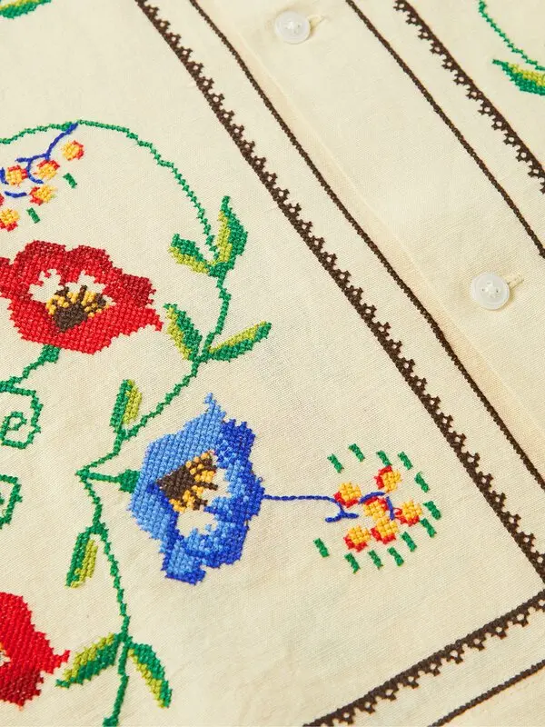 Bode Morning Glory Embroidered Linen And Cotton-Blend Shirt L