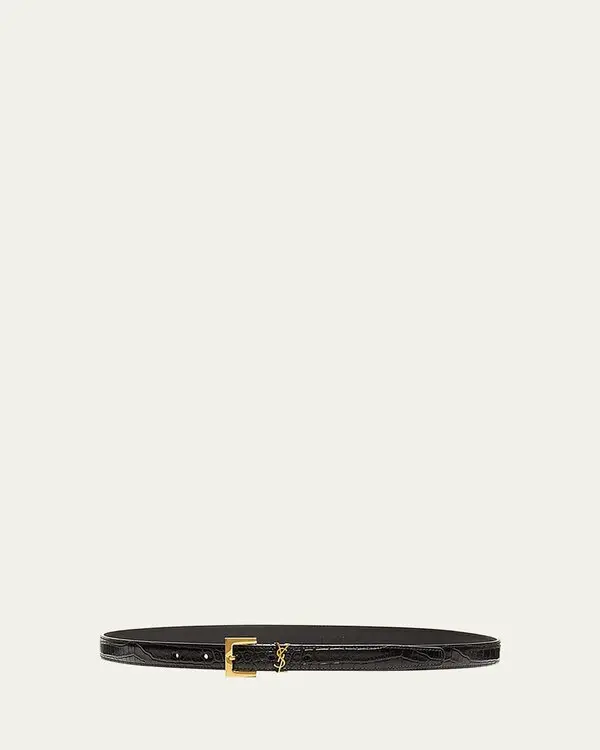 Saint Laurent Croc-Embossed Skinny Belt In Black / Bronze  display picture 3