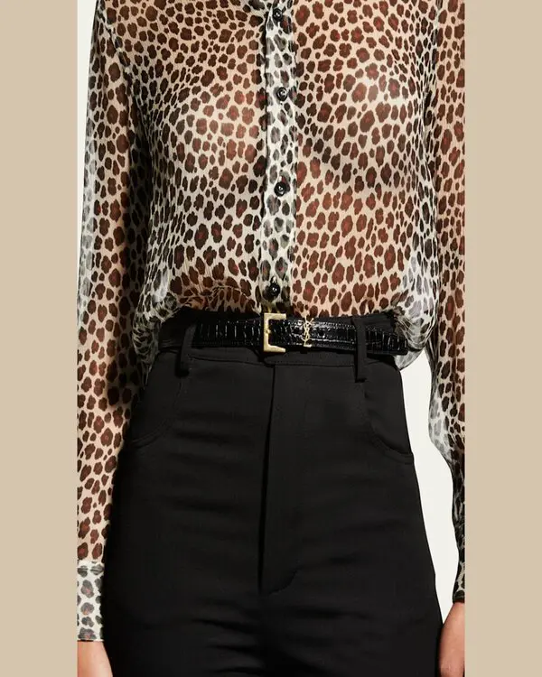 Saint Laurent Croc-Embossed Skinny Belt In Black / Bronze 