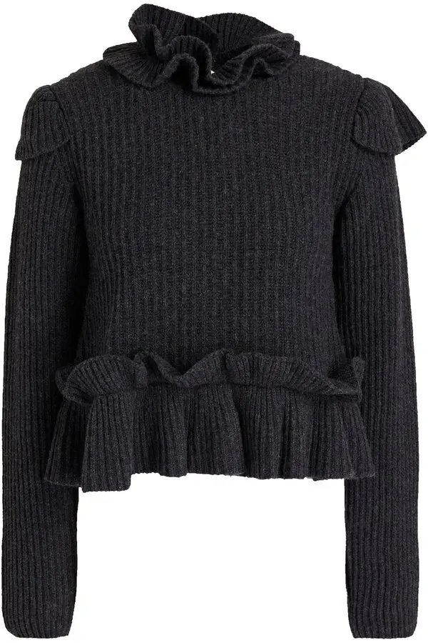 GANNI Cutout Ruffled Ribbed Woolblend Sweater