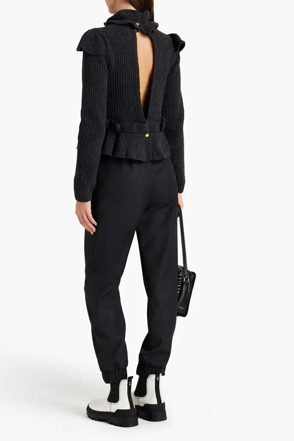 GANNI Cutout Ruffled Ribbed Woolblend Sweater