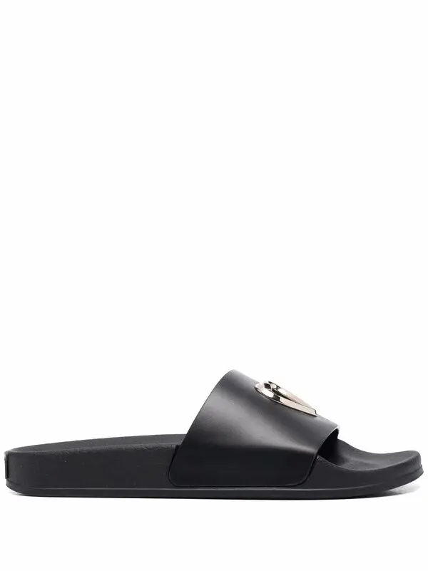 Red Valentino Heart Plaque Flat Slides - Black