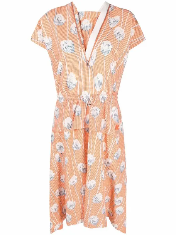 Kenzo Graphic-floral Print Gingham Midi Dress - Orange