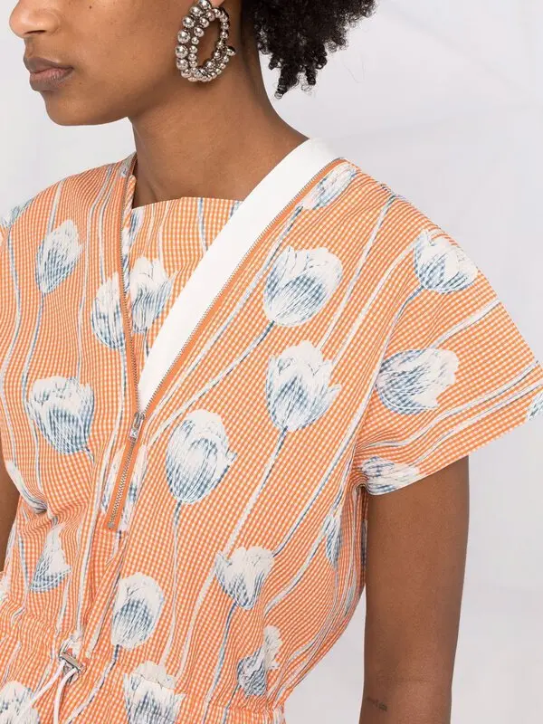Kenzo Graphic-floral Print Gingham Midi Dress - Orange