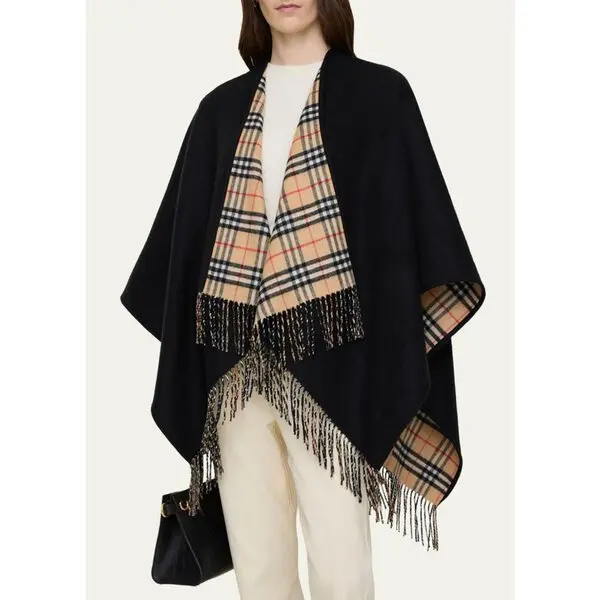 Burberry Reversible Check Wool Cape - Black/sand