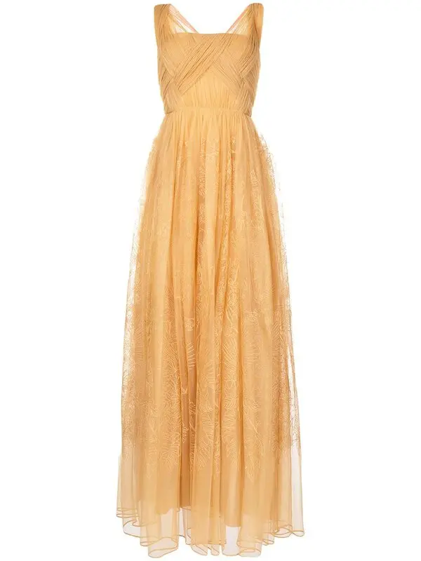 Alberta Ferretti Embroidered Motif Pleated Gown - Yellow