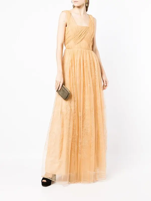 Alberta Ferretti Embroidered Motif Pleated Gown