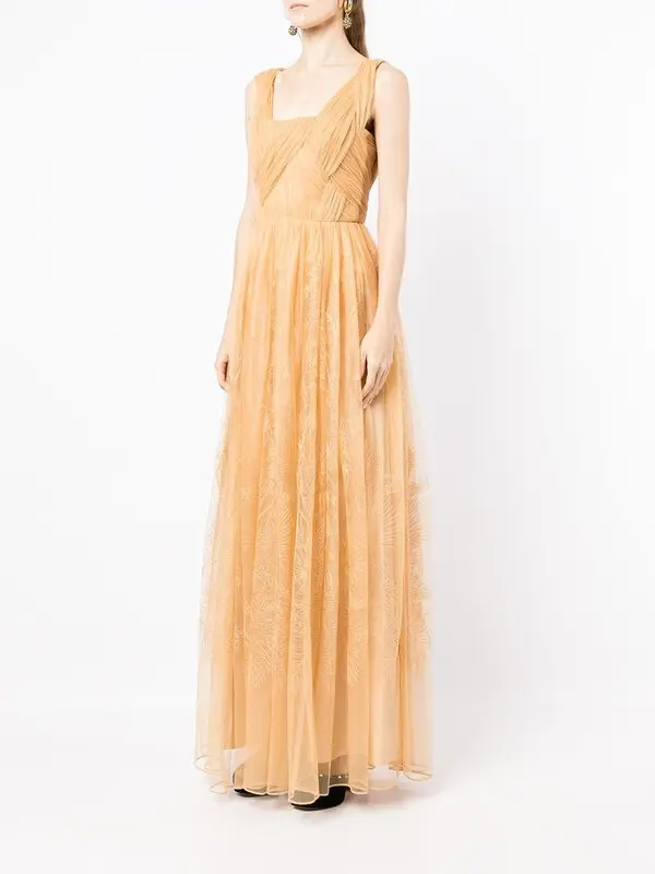 Alberta Ferretti Embroidered Motif Pleated Gown