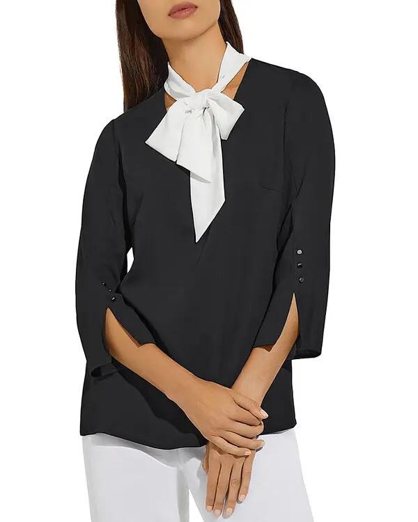 Misook Contrast Tie V-neck Crepe De Chine Blouse
