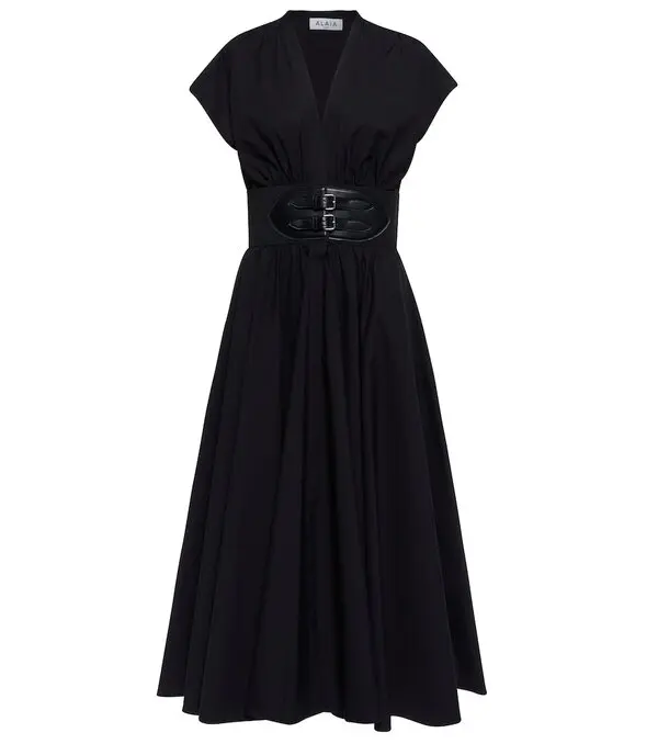 Alaa Belted Cotton Poplin Midi Dress - Black | Editorialist