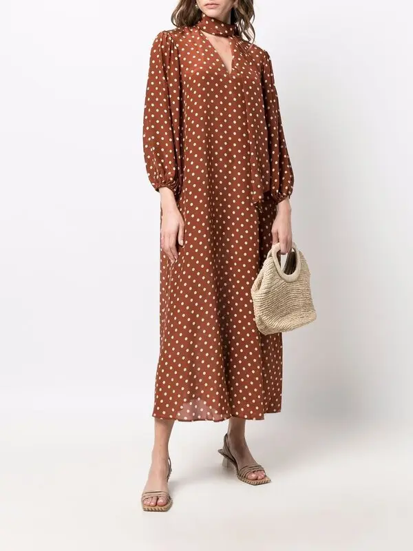 Rixo Polka Dot-Print Midi Dress - Brown | Editorialist