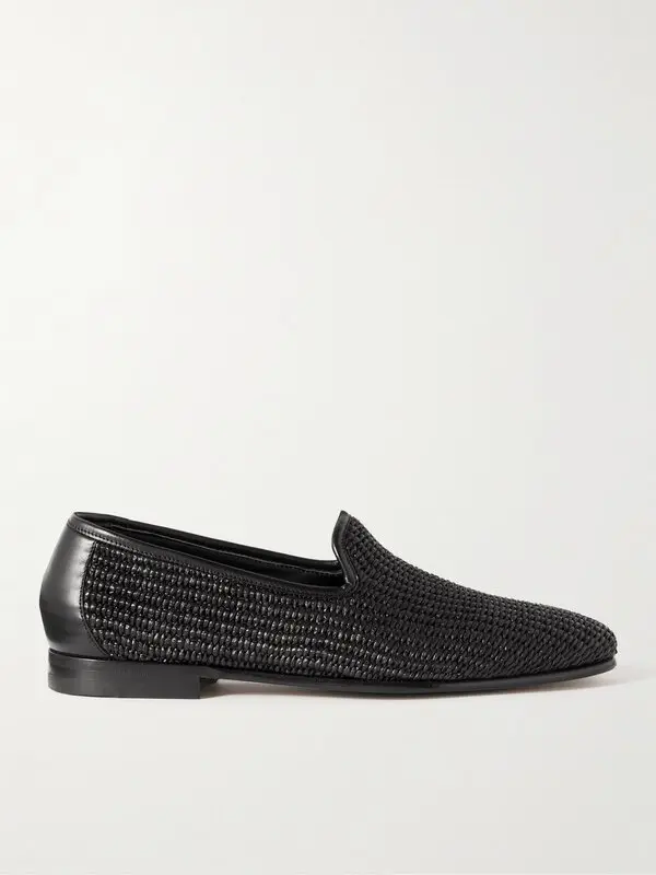Manolo Blahnik Mario Leather-trimmed Raffia Loafers - Black