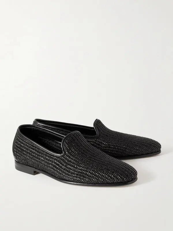 Manolo Blahnik Mario Leather-trimmed Raffia Loafers - Black