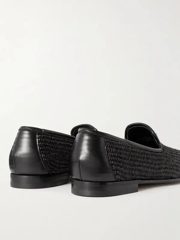 Manolo Blahnik Mario Leather-trimmed Raffia Loafers - Black