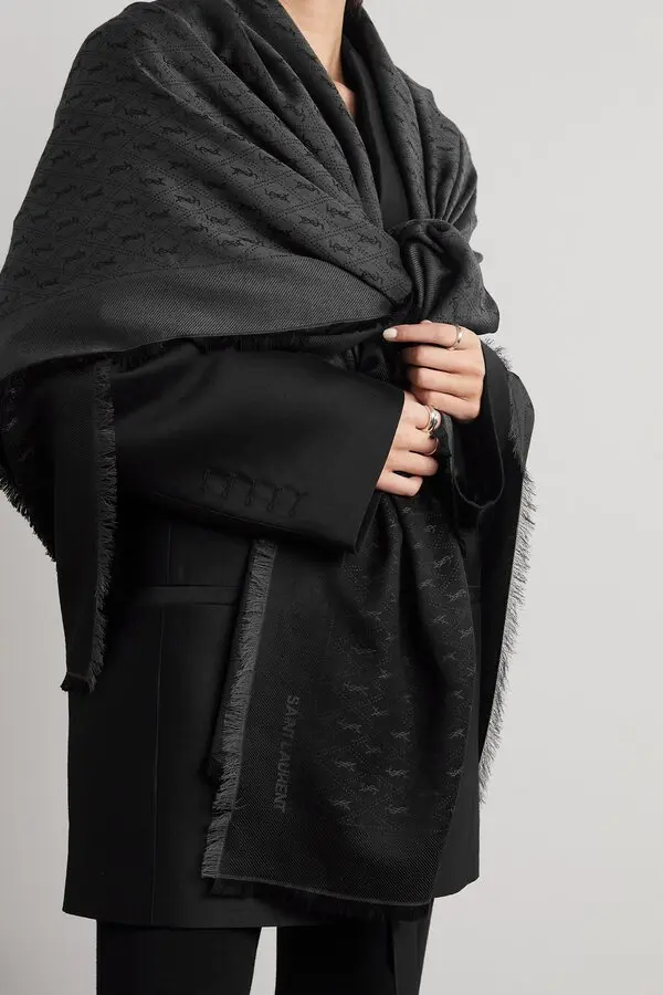 Saint Laurent Fringed Wool, Cotton And Silk-Blend Jacquard Scarf