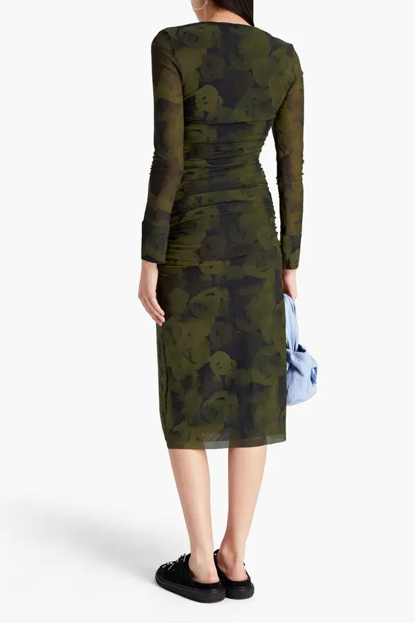 Ganni Ruched Printed Mesh Midi Dress In Army Green - 54% Off | Editorialist